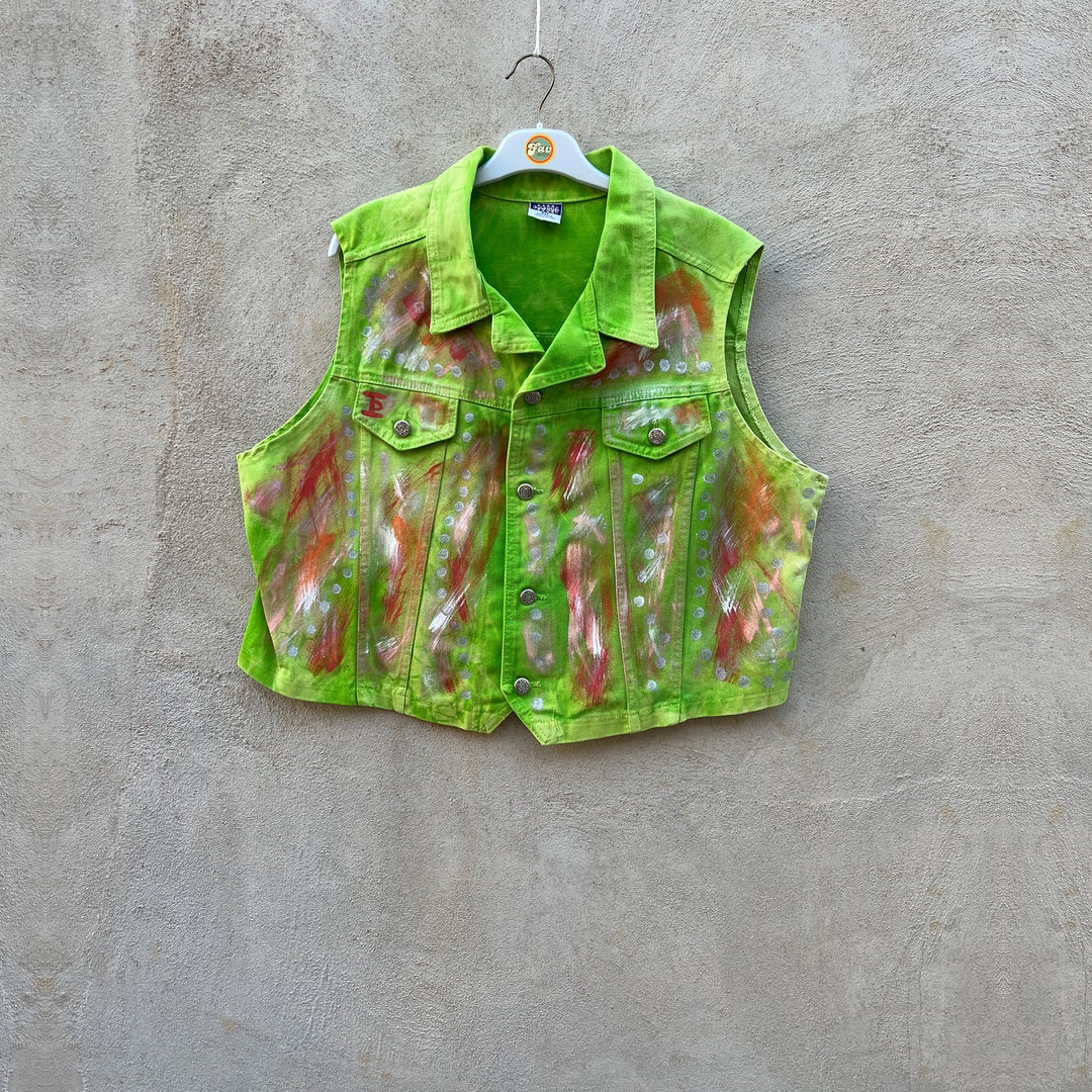 HAND Painted Vintage Watch LA Made in USA Denim Vest Sleevless Jacket ...