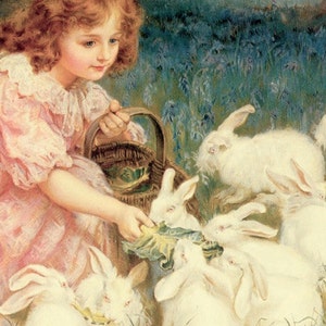 Vintage Girl Feeding Rabbits Printable Art, Easter Antique Rabbit Oil ...