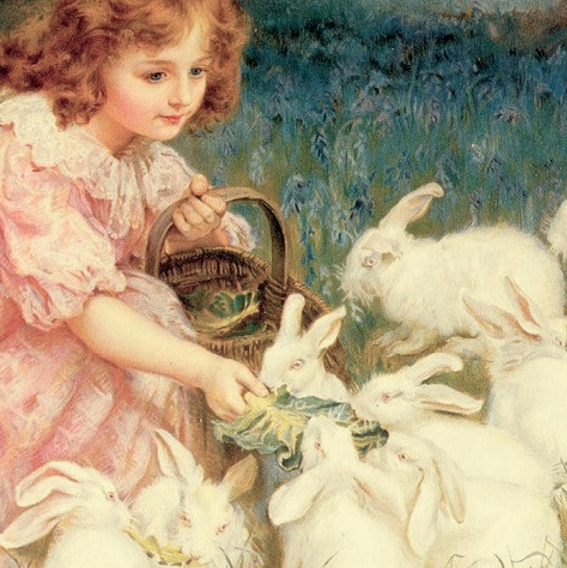 Vintage Girl Feeding Rabbits Printable Art Easter Antique - Etsy