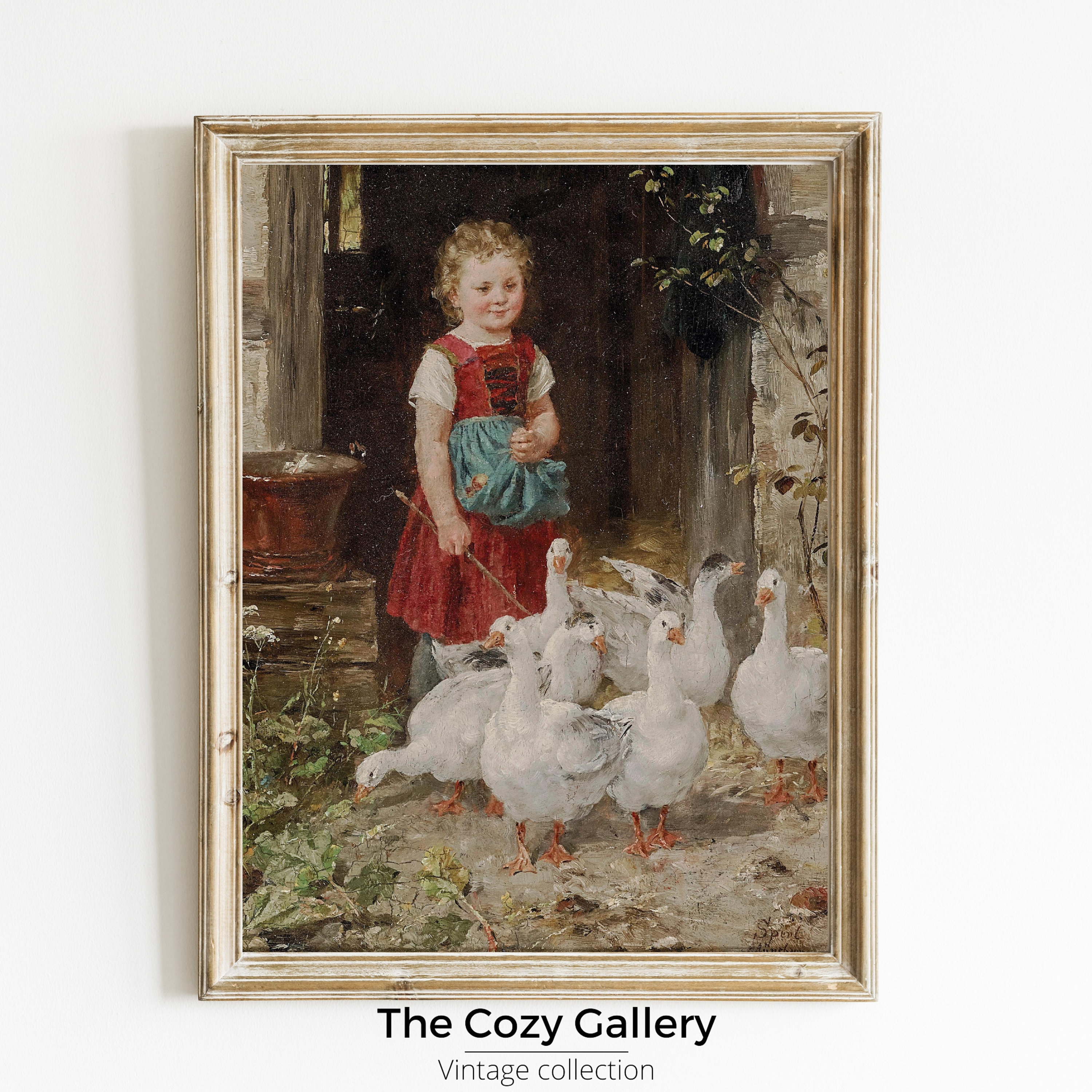 Vintage Girl Feeding Geese Printable Art, Antique Geese Oil Painting ...
