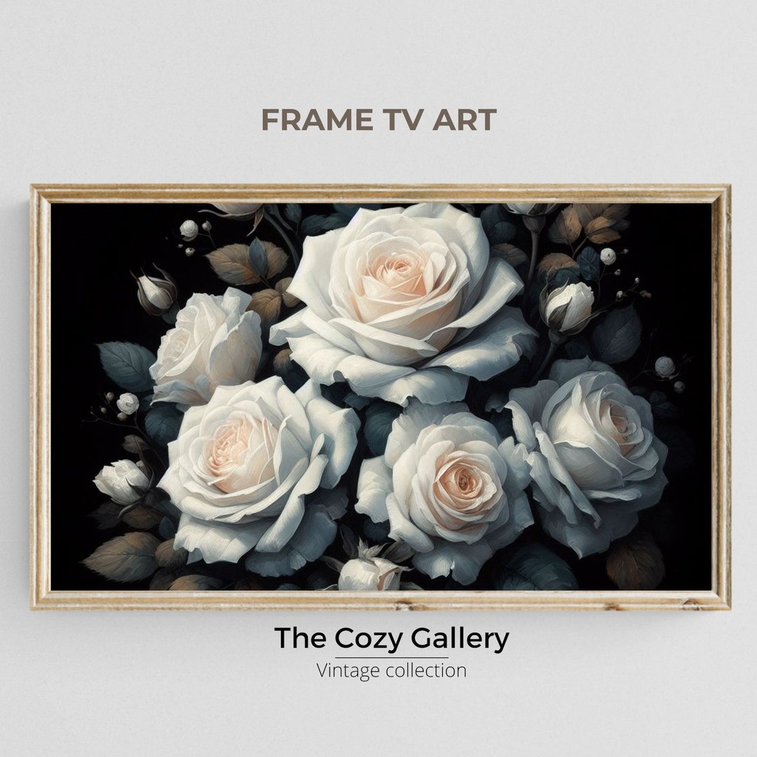 Moody White Roses FRAME ART TV Vintage painting style, Valentines day ...