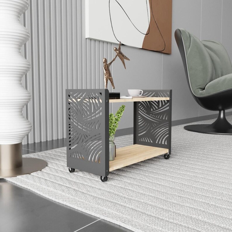 Minimalist Service Cart, Modern Industrial Wheeled Cart , Wood Look ...