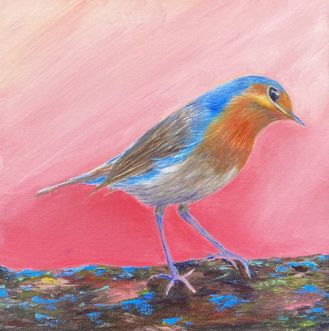 8x8 Detailed Bird Red Robin Painting Framed, Original Oil Painting ...