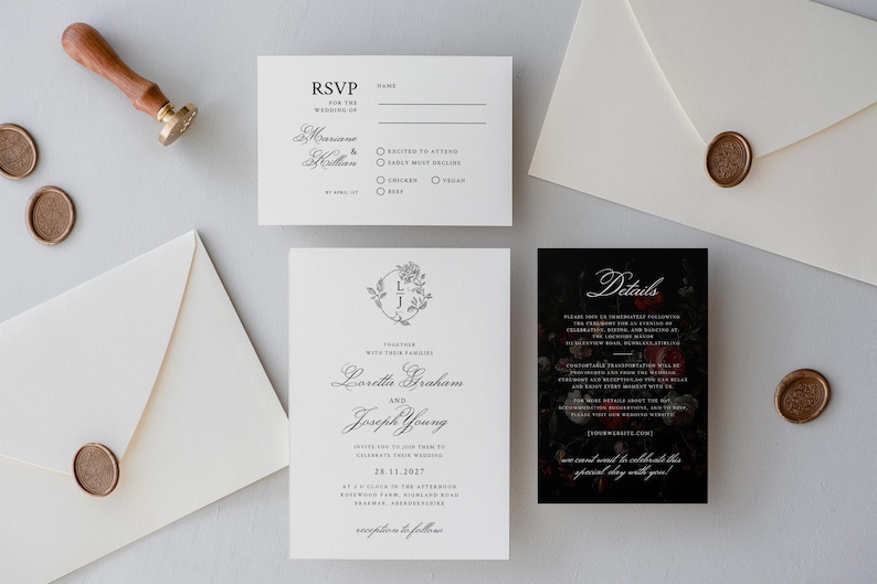 Moody Floral Wedding Invitation Set, Subtle Goth Wedding Invite, Dark ...