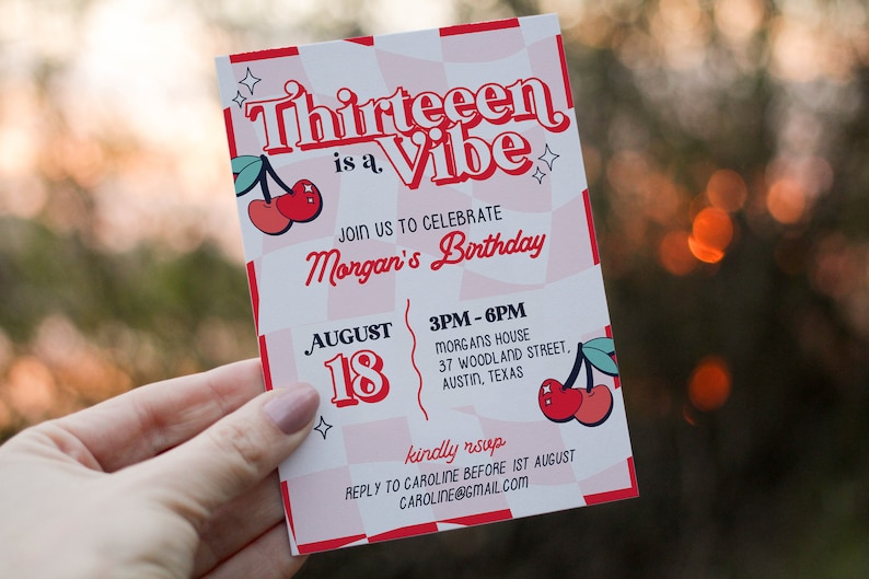 Trendy Birthday Invitation Template, Cute Cherry Invitation, Teenager ...