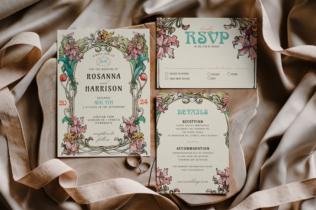 Vintage Wedding Invitation Set RSVP Details, Art Nouveau Wedding Invite ...