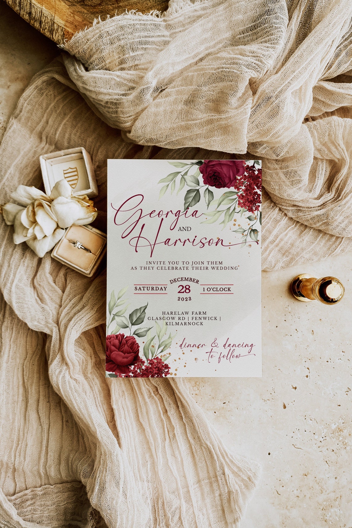 Burgandy Wedding Invitation Editable Template, Floral Rose Wedding ...