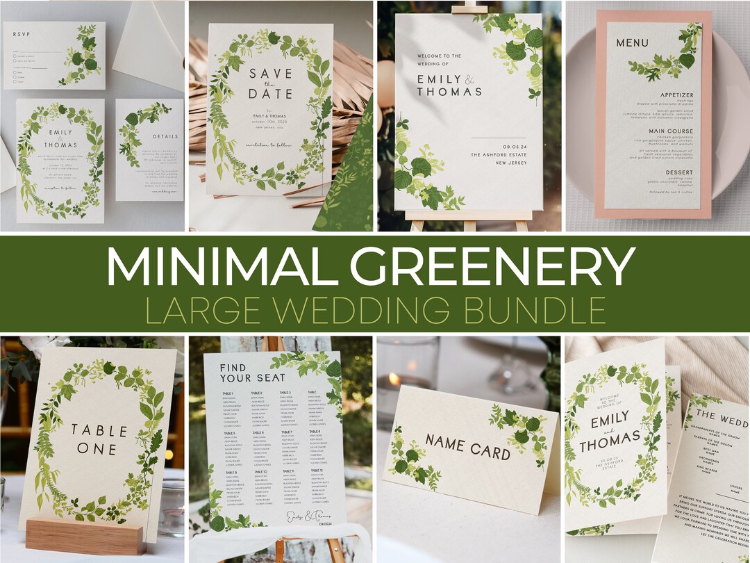 Minimal Greenery Wedding Set, Large Wedding Bundle, Editable Templates ...