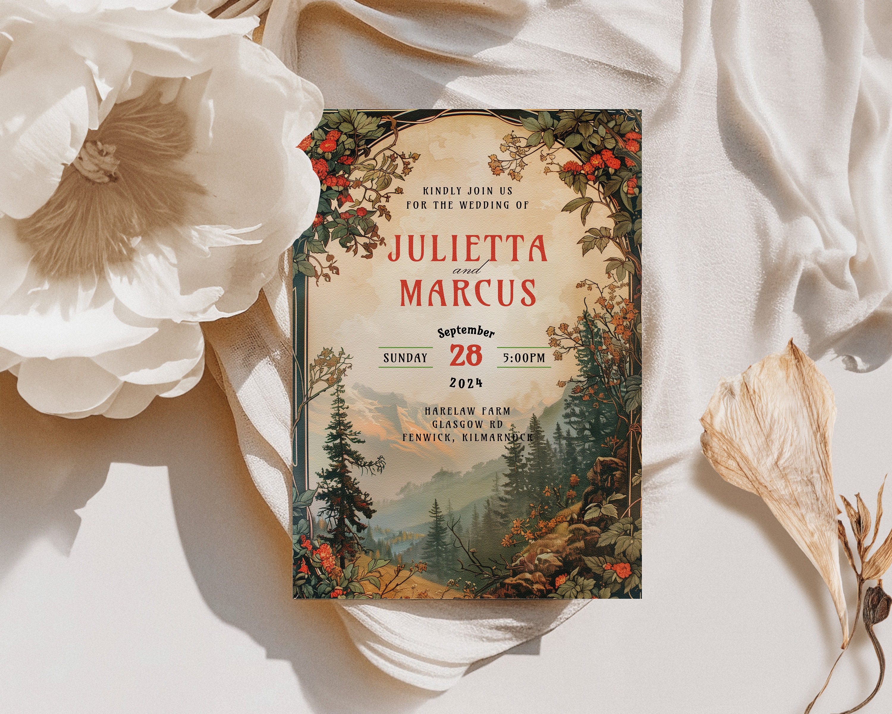 Nature Art Nouveau Wedding Invitation, Landscape Wedding Invite ...