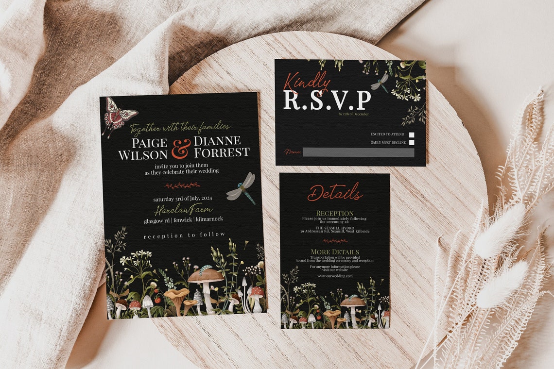 Cottagecore Wedding Invitation Template Set, Botanical Wedding, RSVP ...