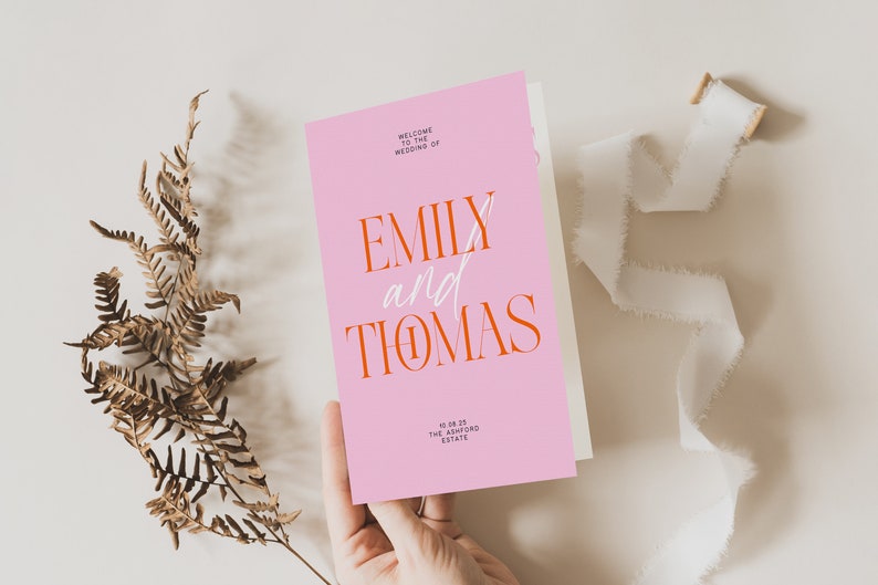 Retro Wedding Program Template, Funky Wedding Program, Pink Orange ...