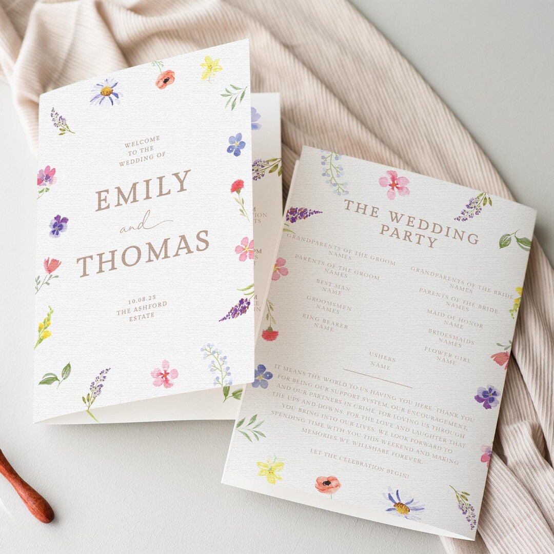 Minimal Floral Wedding Program Template, Cute Simple Wedding Program ...