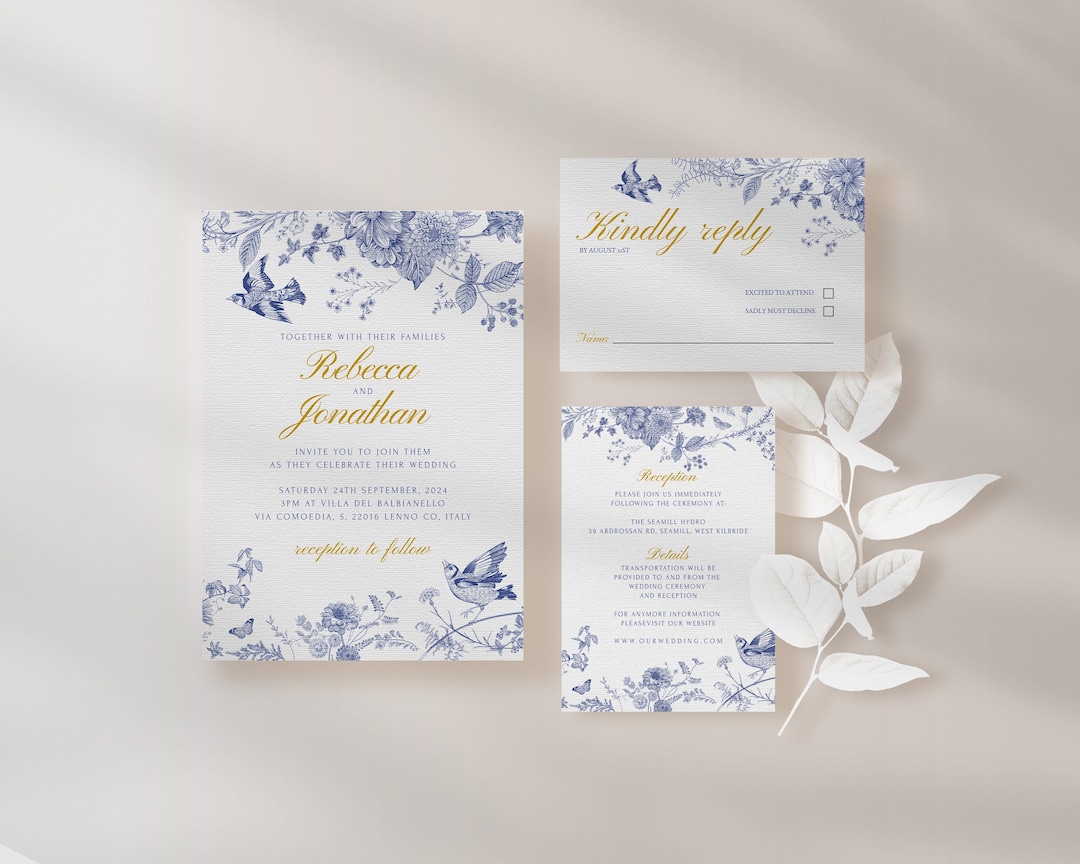 Vintage Wedding Invitation Template, Editable Blue Floral Birds Wedding ...