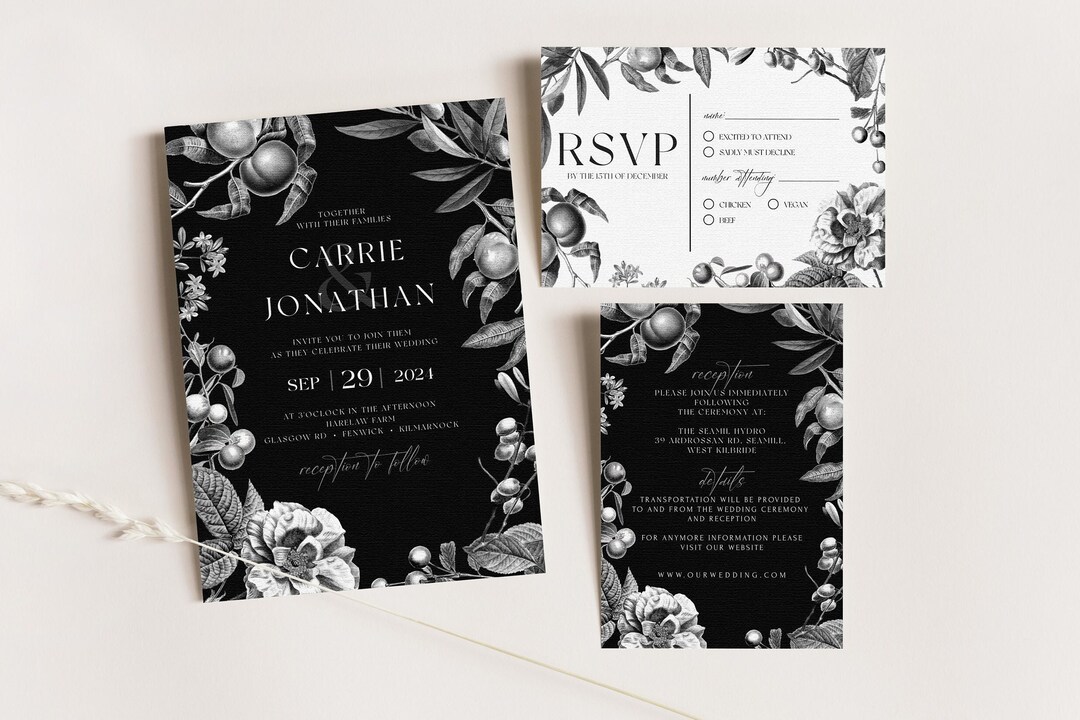 Dark Botanical Wedding Invitation Template Set Romantic Goth Wedding ...