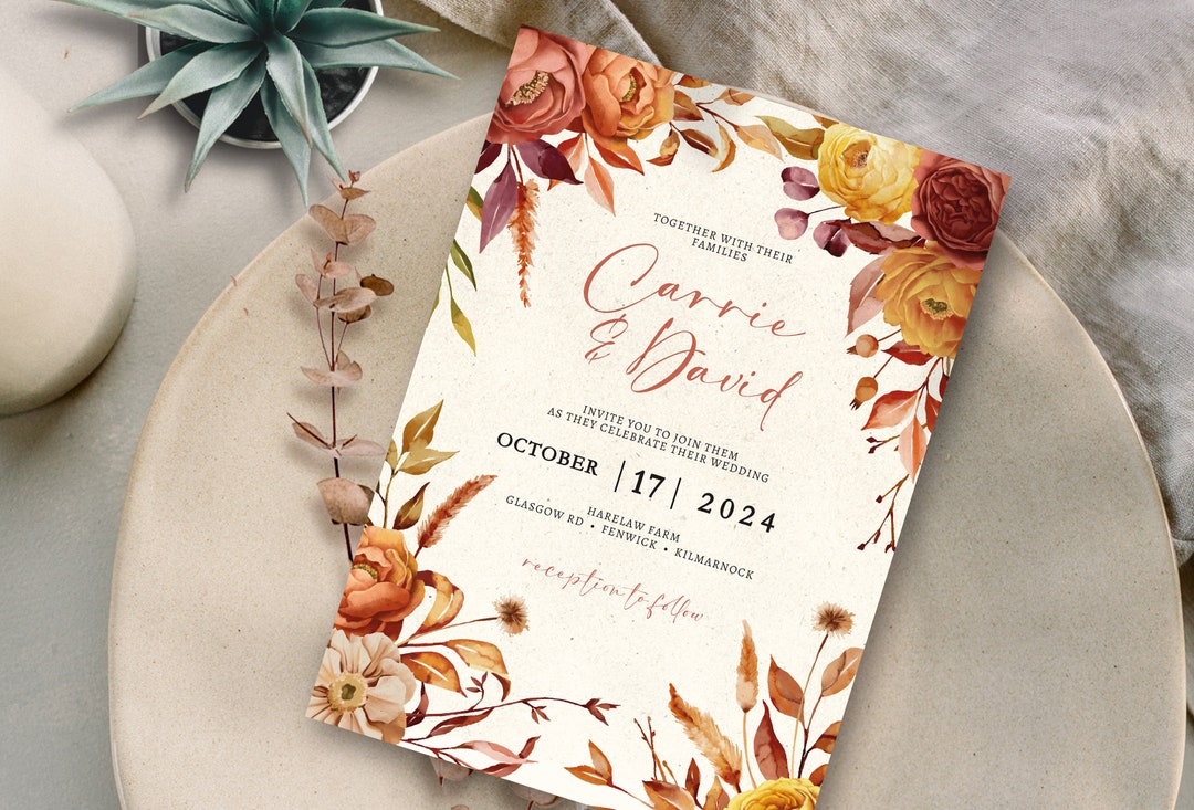 Fall Wedding Invitation Template Boho Autumn Wedding Invite Download ...