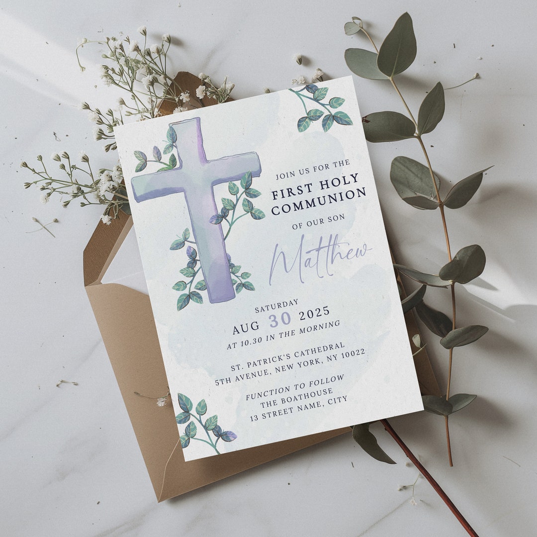First Holy Communion Invitation Template, Boy 1st Communion Invite ...