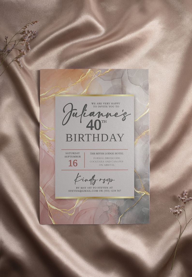 Rose Gold Birthday Invitation Template Editable Luxury - Etsy