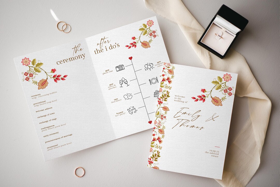 Antique Floral Wedding Program Template: Red & Pink Florals (digital ...