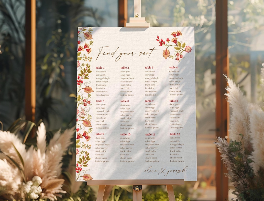 Antique Floral Wedding Table Plan Template: Botanical Seating Chart ...