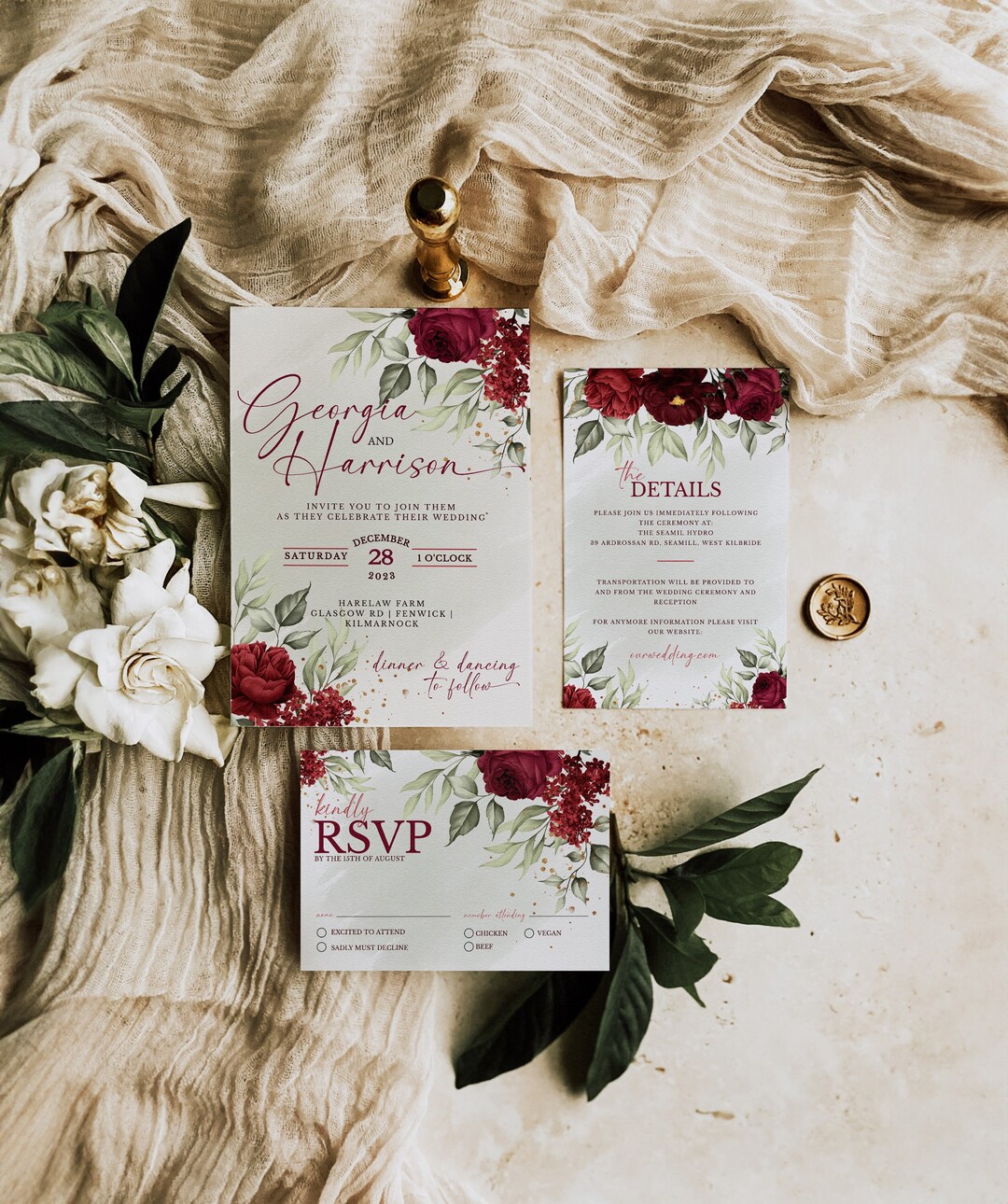 Burgandy Wedding Invitation Editable Template, Floral Rose Wedding ...