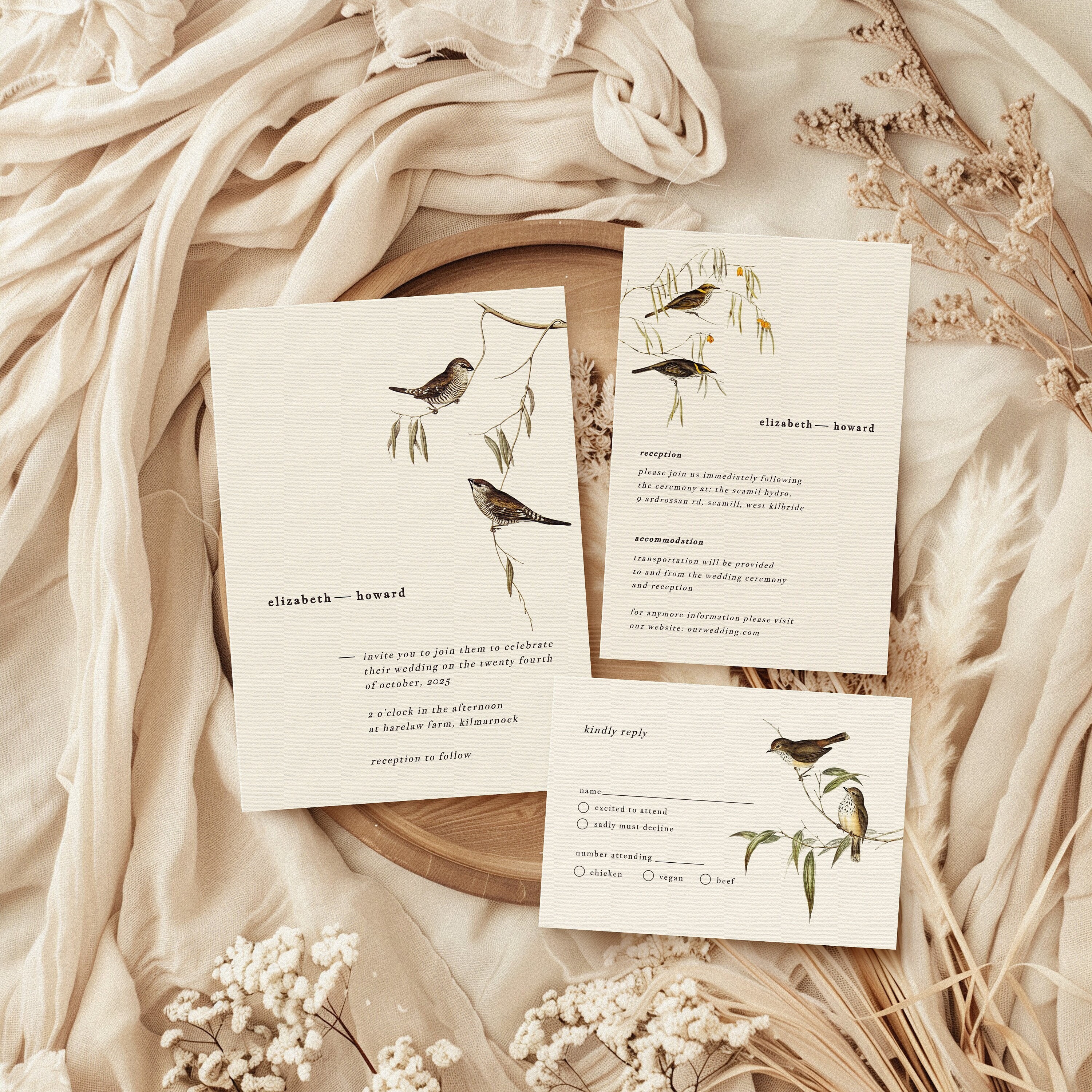 Vintage Birds Wedding Invitation Set, Nature Wedding Invite, Vintage ...