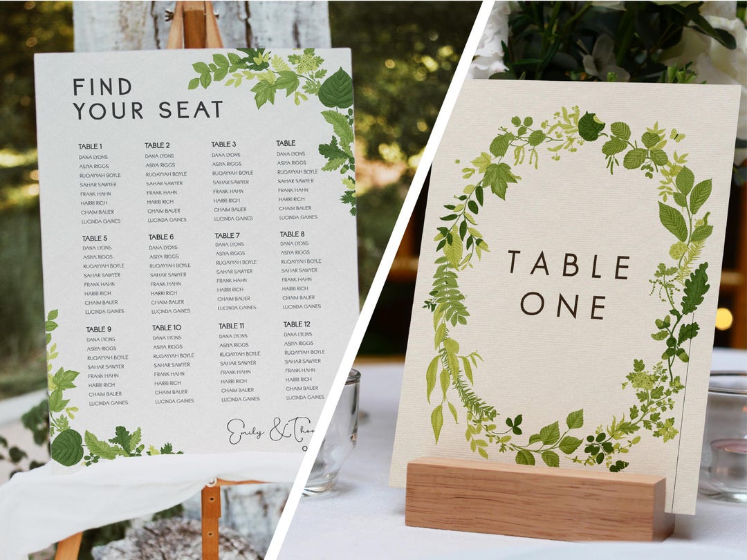 Greenery Wedding Table Cards & Seating Plan Template: Botanical Design ...