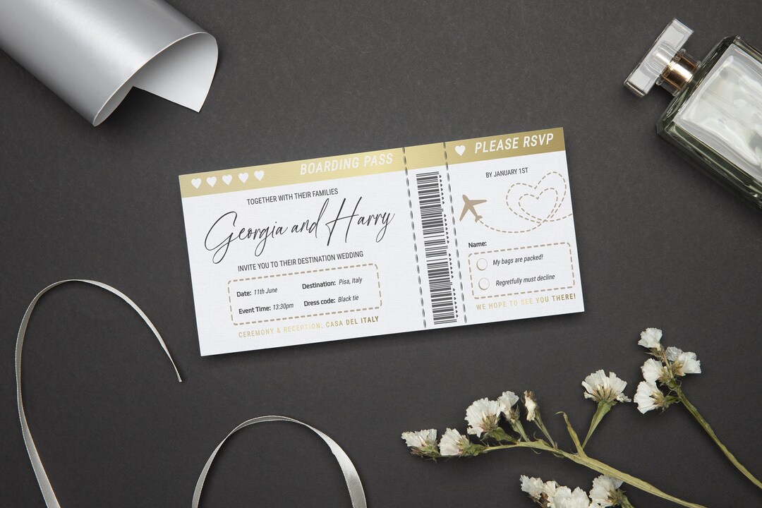 Luxury Boarding Pass Wedding Invitation Editable Template Gold ...