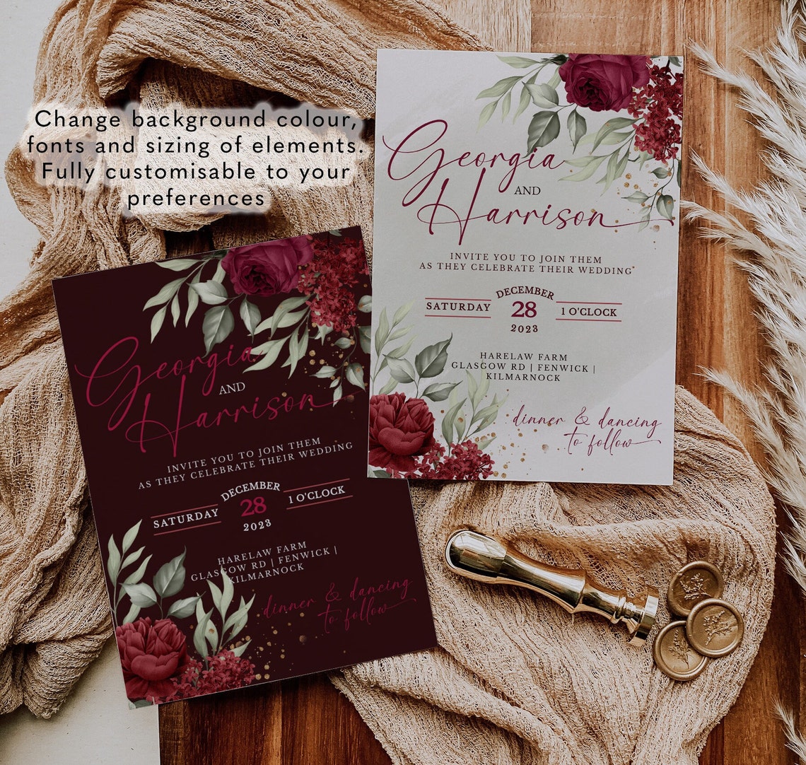 Burgandy Wedding Invitation Editable Template, Floral Rose Wedding ...