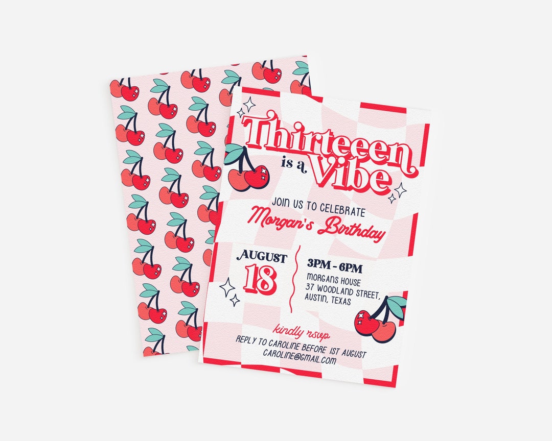 Trendy Birthday Invitation Template, Cute Cherry Invitation, Teenager ...