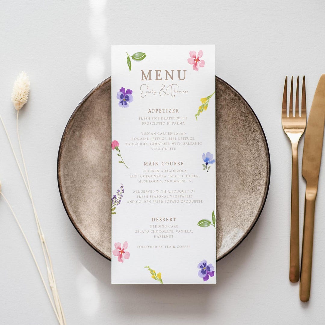 Delicate Florals Wedding Menu Template, Elegant Wedding Editable Menu ...