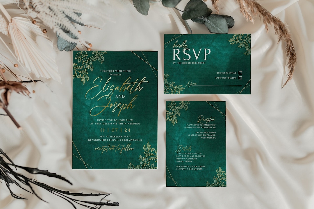 Emerald Green Wedding Invitation Template Gold and Green Wedding ...