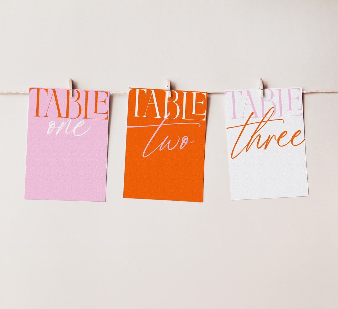 Retro Wedding Table Numbers Editable Template, Orange and Pink Wedding ...