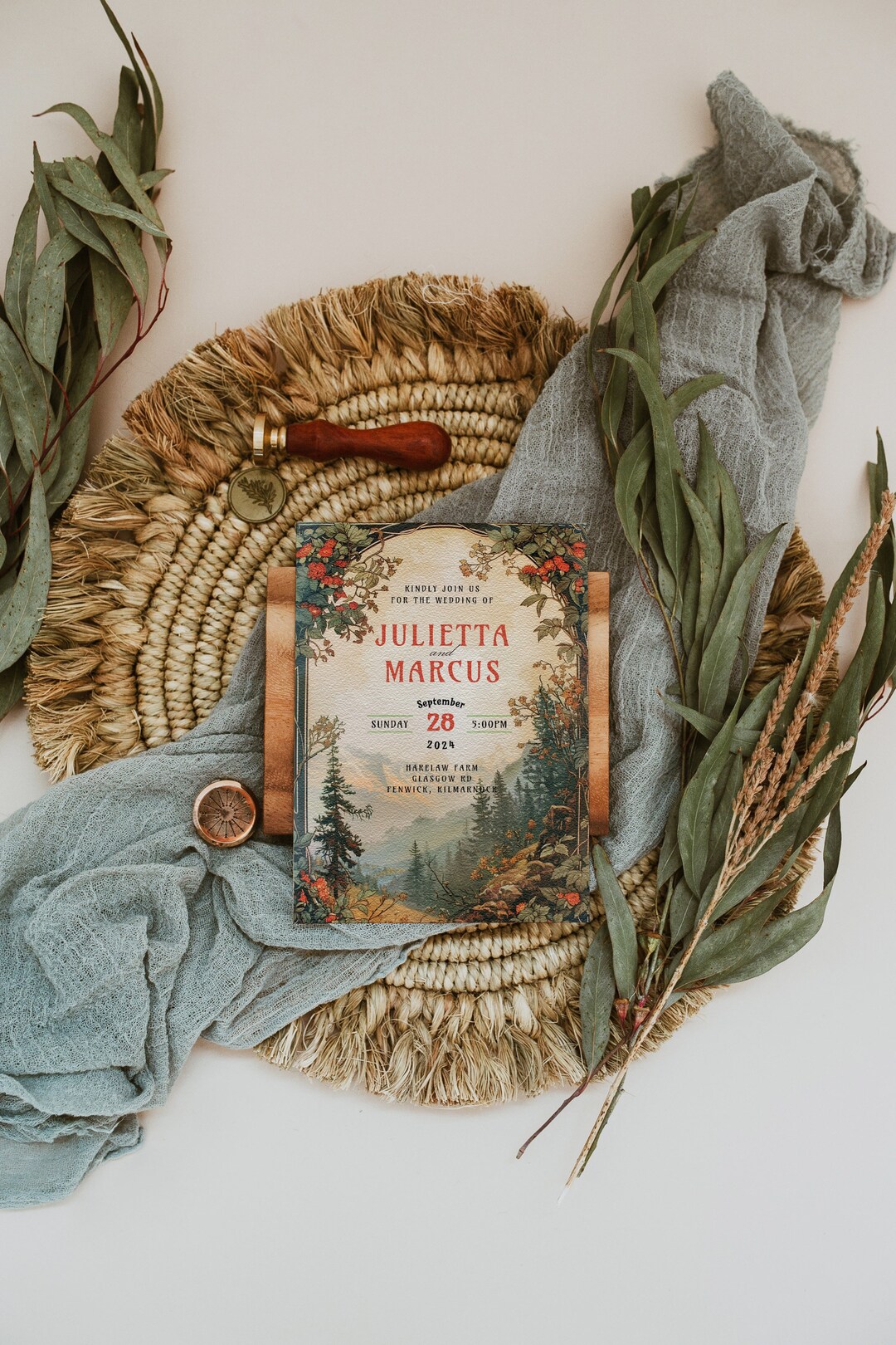 Nature Art Nouveau Wedding Invitation, Landscape Wedding Invite ...