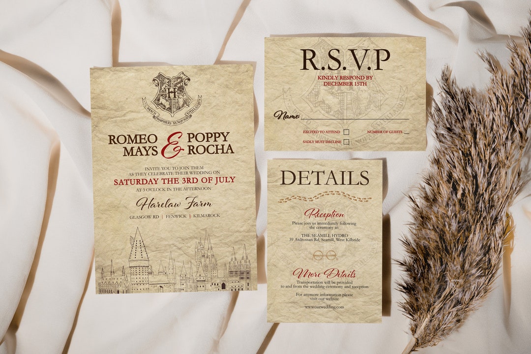 MAGICAL Wedding Invite Set Template Castle Crest Editable Wedding RSVP ...