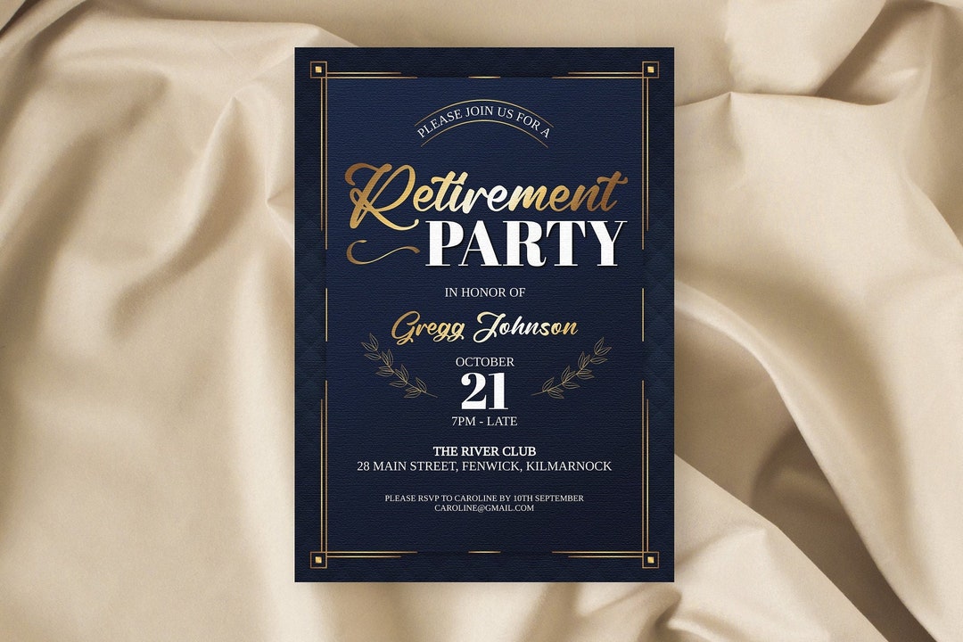 Modern Retirement Party Invitation Template Elegant Gold Navy ...