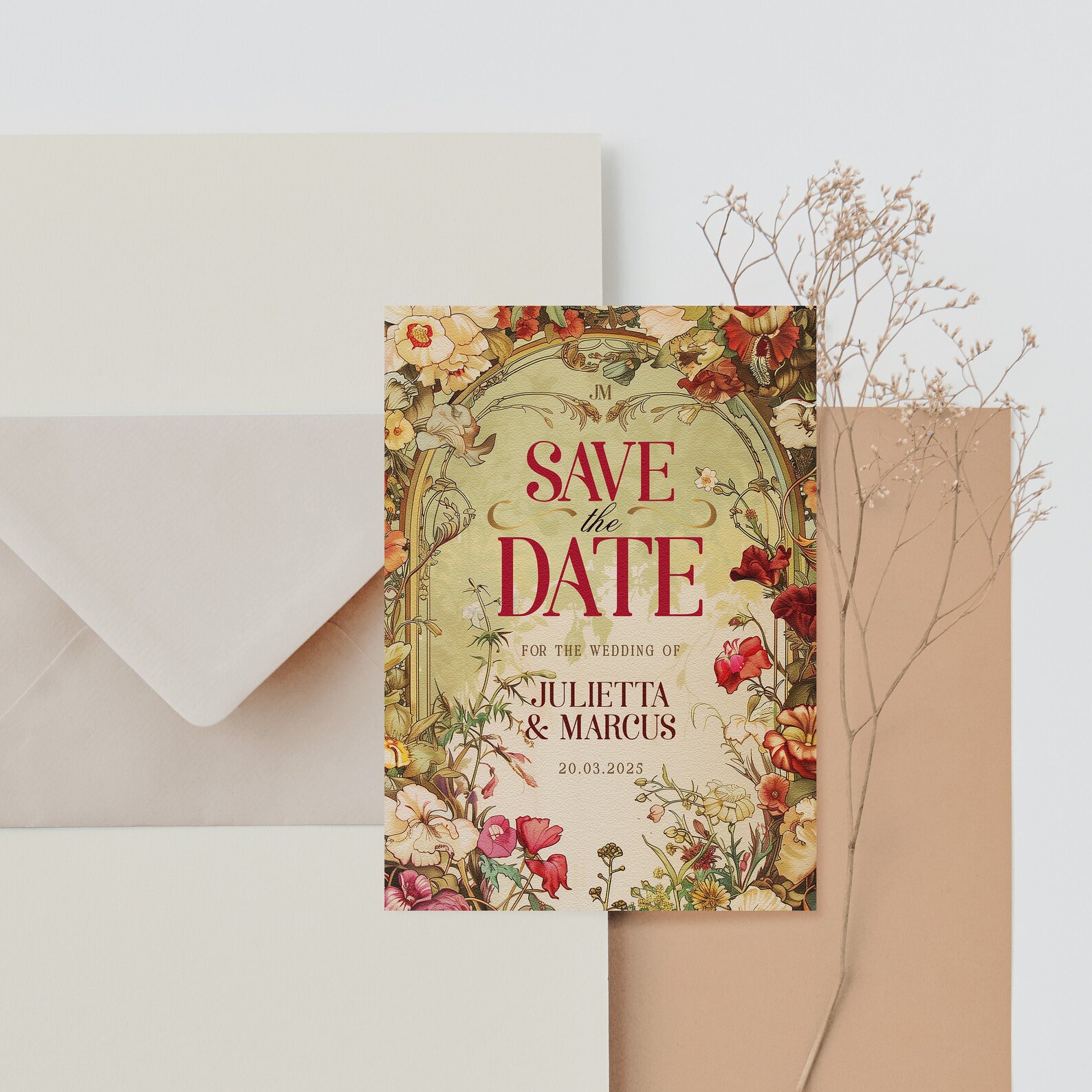 Wildflower Mucha Wedding Invitation Template, Vintage Floral Save the ...