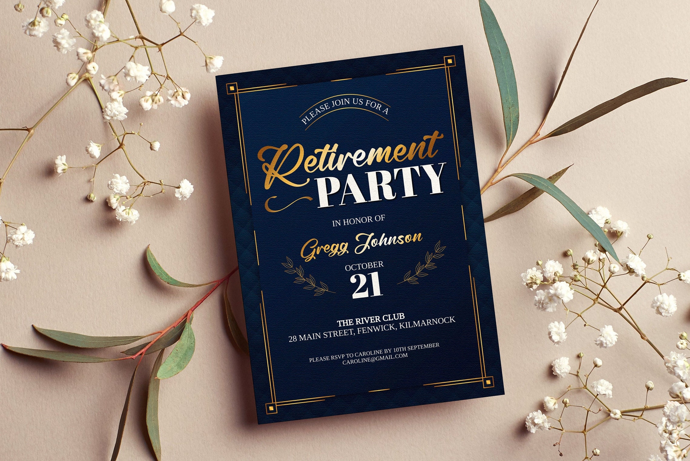 Modern Retirement Party Invitation Template Elegant Gold Navy ...
