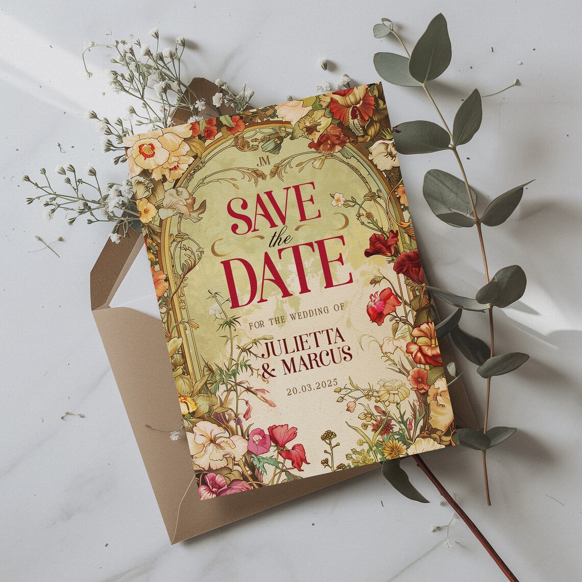 Wildflower Mucha Wedding Invitation Template, Vintage Floral Save the ...