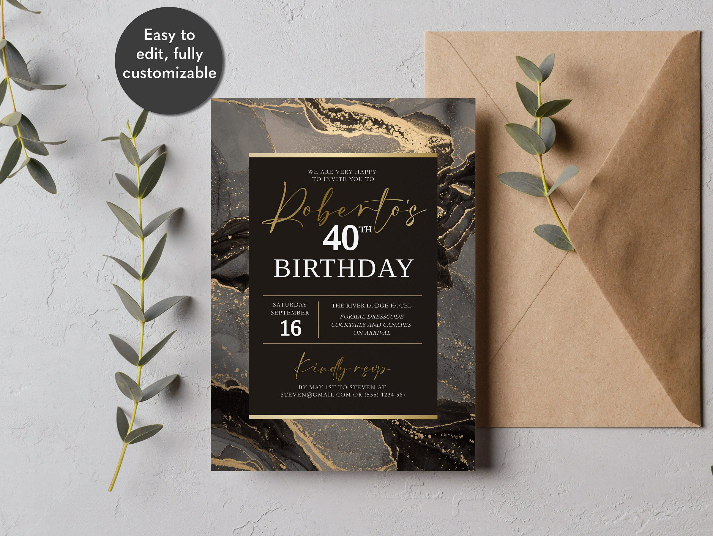 Black and Gold Birthday Invite Template Editable Luxury - Etsy