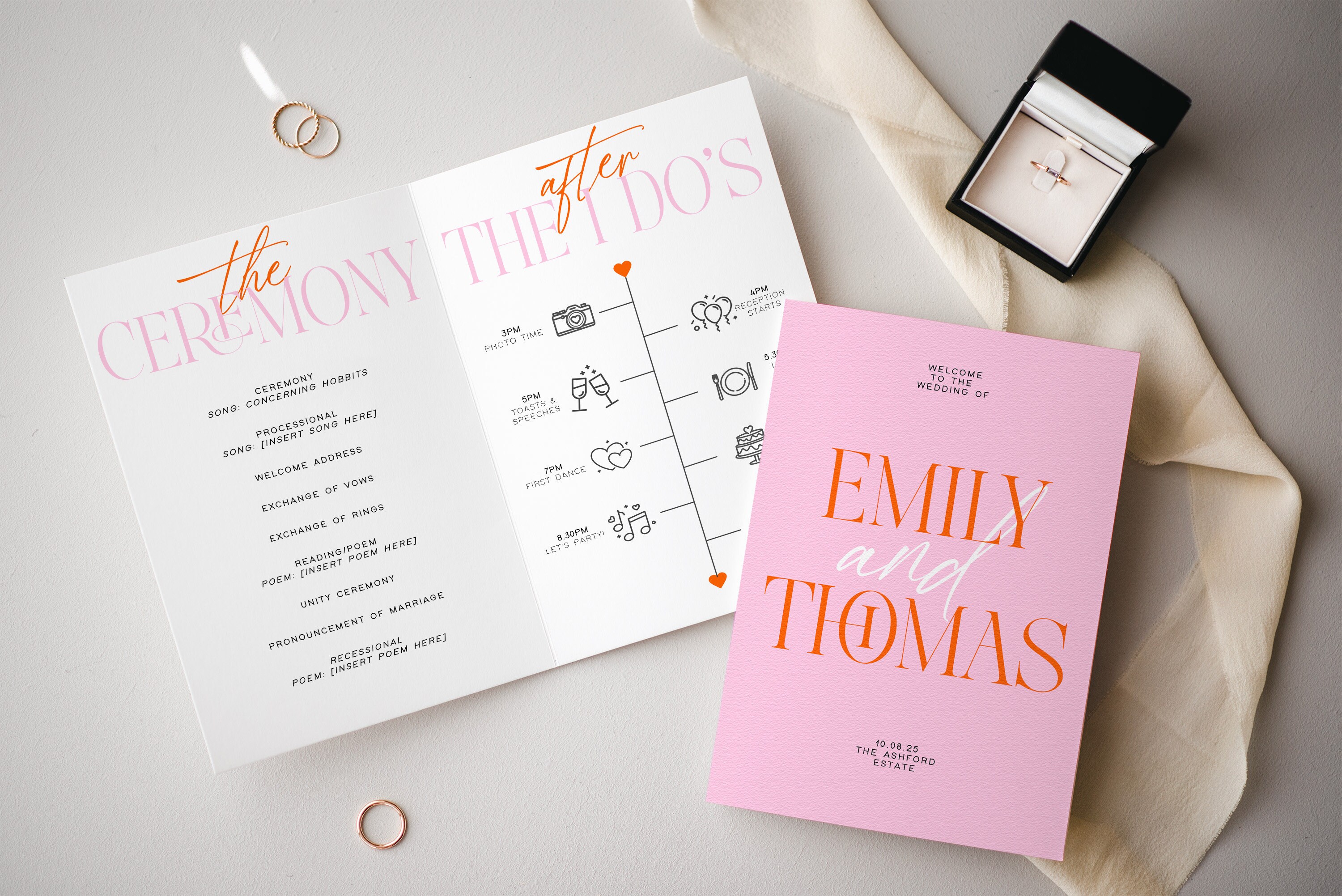 Retro Wedding Program Template, Funky Wedding Program, Pink Orange ...