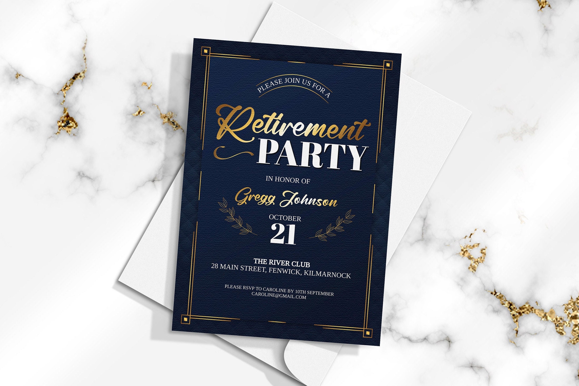 Modern Retirement Party Invitation Template Elegant Gold Navy ...