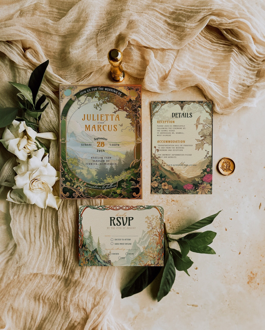 Fantasy Art Nouveau Wedding Invitation Set, Nature Wedding Invite ...