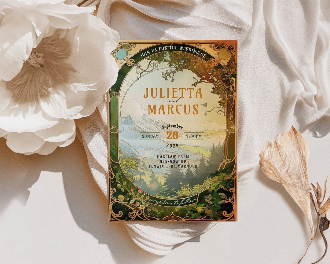 Fantasy Art Nouveau Wedding Invitation, Unique Wedding Invite, Vintage ...
