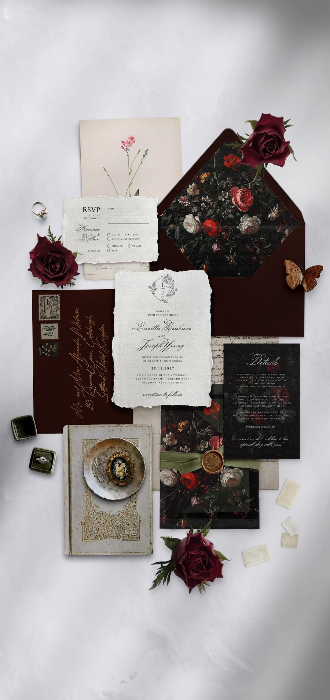 Moody Floral Wedding Invitation Set, Subtle Goth Wedding Invite, Dark ...