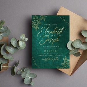 Emerald Green Wedding Invitation Template, Green Gold Wedding Editable ...