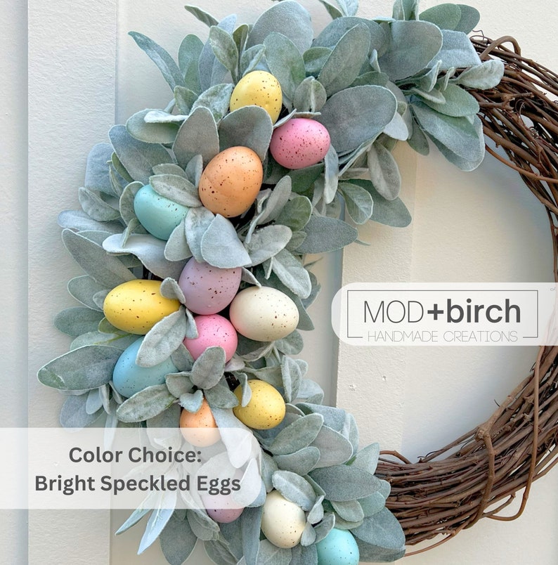 Spring Easter Egg Wreath With Lamb's Ear Modern Minimal Wreath Speckled ...