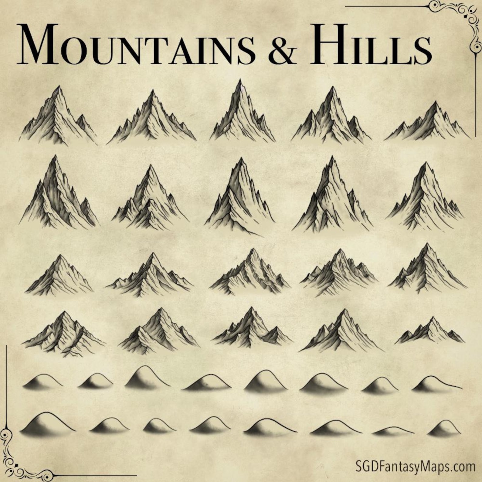 Fantasy Map Brushes & Assets: 140+ Mountain Stamps | Procreate ...