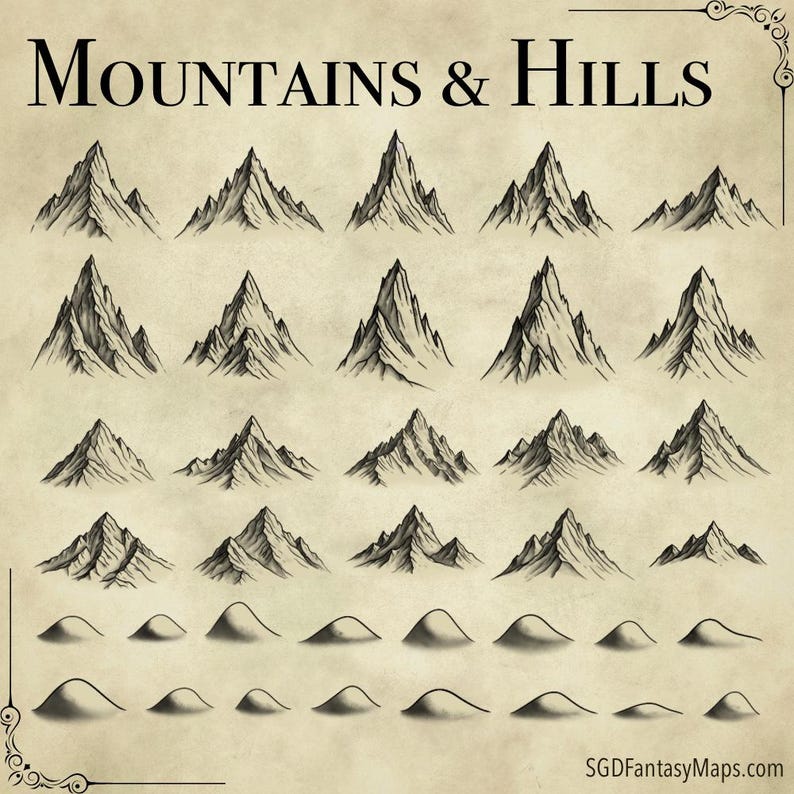 Fantasy Map Brushes & Assets: 140+ Mountain Stamps | Procreate ...