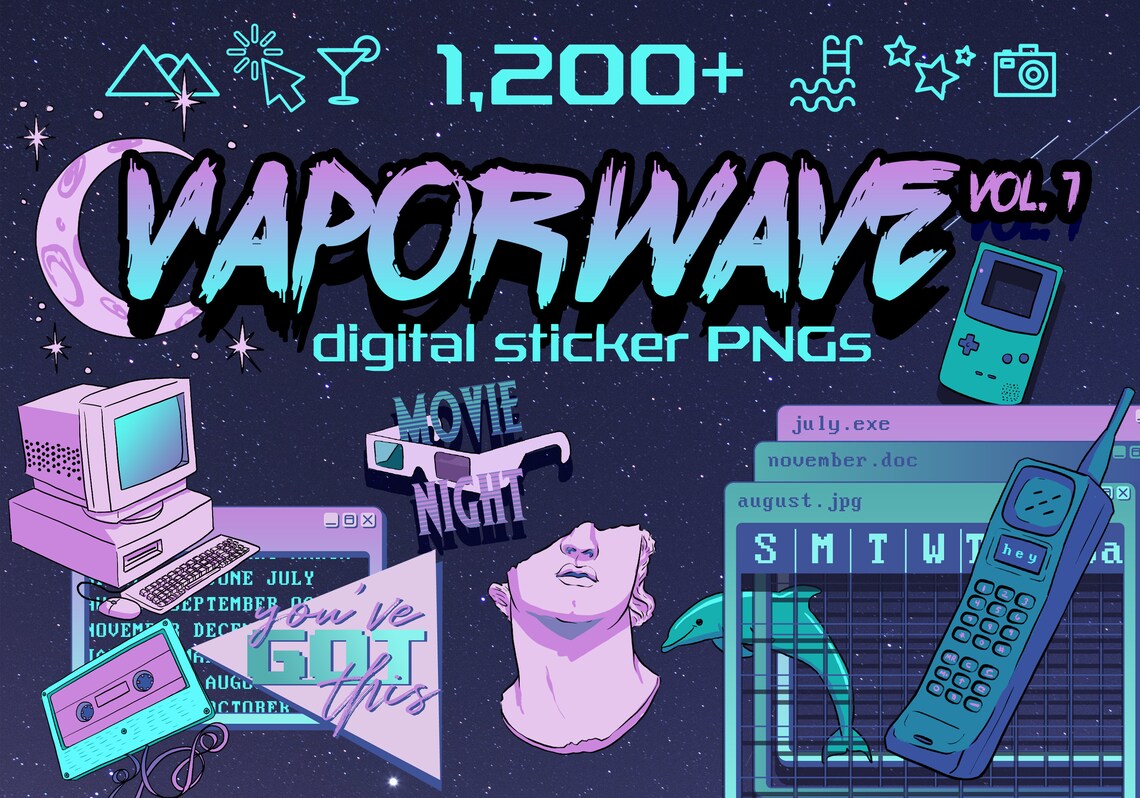 1200 Vaporwave Digital Stickers PNG for Goodnotes, Onenote, iPad Bullet ...