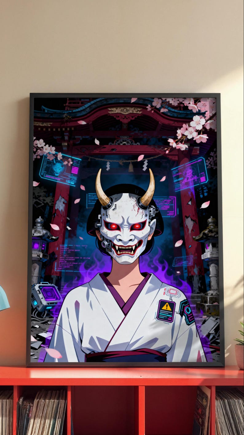 Devil Mask Anime Japanese Horror-themed Cyberpunk Poster Iillustration ...